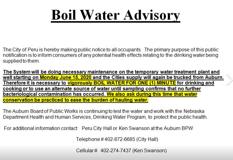 Peru Issues Boil Water Advisory - RIVER COUNTRY - NEWS CHANNEL NEBRASKA